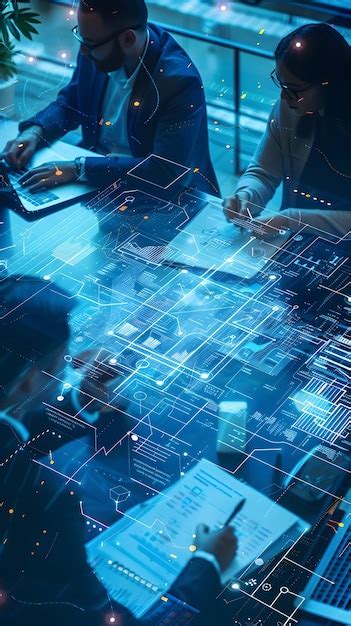 overhead view of integrated project workflow with tech overlay 3d flat icon premium ai