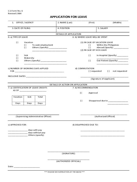 Cs Form 6 Application For Leavecs Form 6 Application For Leave