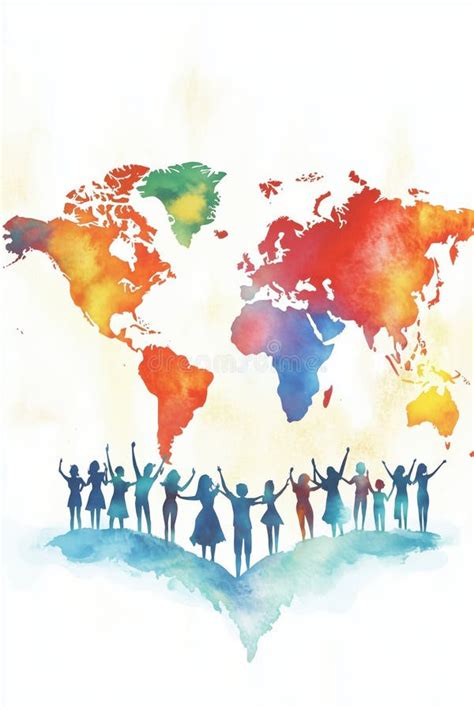 Global Unity Celebration With Diverse Silhouettes Against Colorful World Map Background Stock