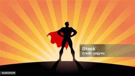 벡터 슈퍼 히어로 실루엣 인 파워 포즈와 선버스트 효과 스톡 일러스트 레이 션 슈퍼히어로에 대한 스톡 벡터 아트 및 기타 이미지