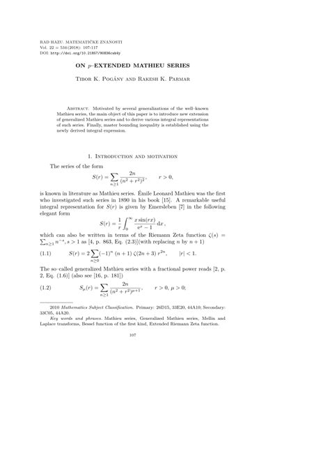 Pdf On P Extended Mathieu Series