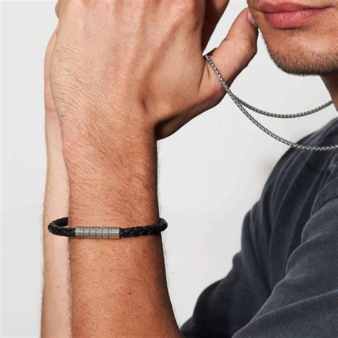 Engraved Braided Leather Men Bracelet In Black Sett And Co