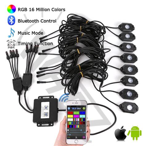 Set Of 8x Pod RGB LED Rock Lights Wireless Bluetooth Music Flashing Multi Color In Car Light