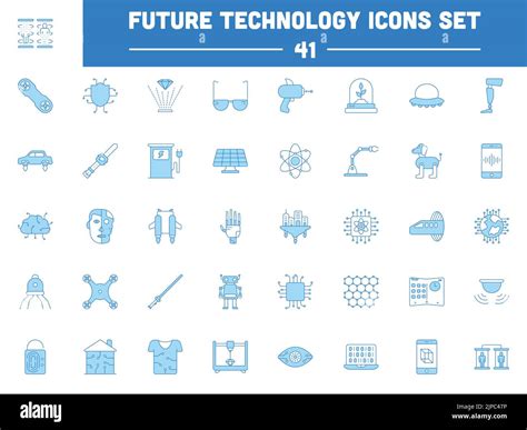Blue And White Future Technology Icon Or Symbol Set In Flat Style Stock
