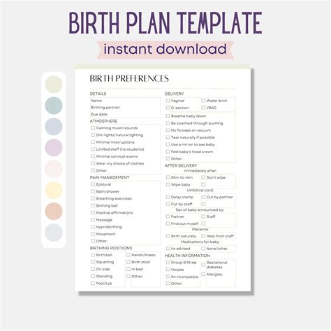 Birth Plan Template Editable Birth Preferences Printable Birth Plan Checklist C Section Birth