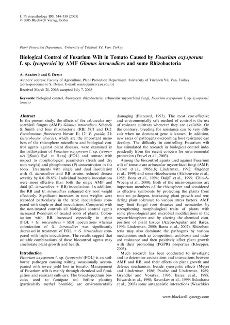 Pdf Biological Control Of Fusarium Wilt Caused By Fusarium Oxysporum F Sp Lycopersici In