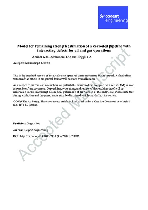 Pdf Model For Remaining Strength Estimation Of A Corroded Pipeline