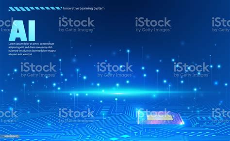 미래 지향적인 스타일의 그라데이션 블루 빛나는 점 우아한 배경의 회로 기판에 있는 Ai 기술 개념 칩셋 0명에 대한 스톡 벡터