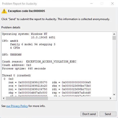 Exception Code 0xc0000005 On Close Audacity Help Forum Audacity Forum