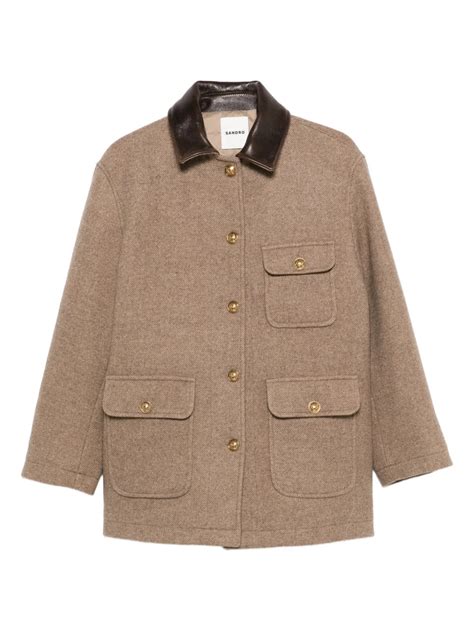 Sandro Contrast Collar Flap Pockets Single Breasted Coat Brown