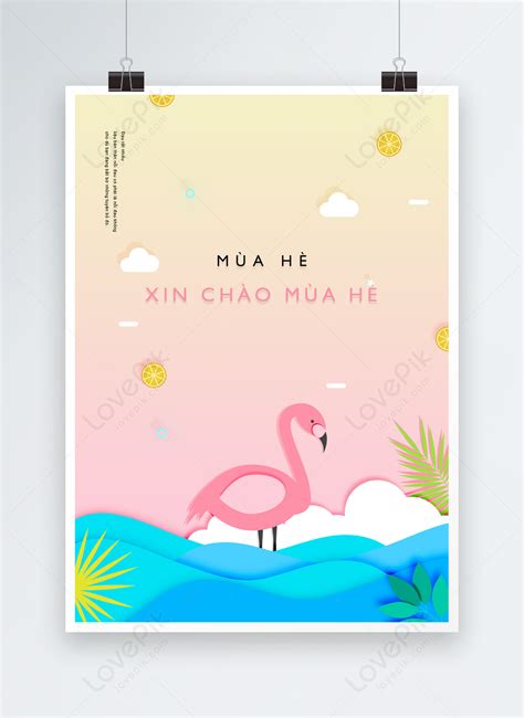 만화 종이 컷 바다 파도 플라밍고 안녕하세요 여름 포스터 이미지 사진 468398988 무료 다운로드
