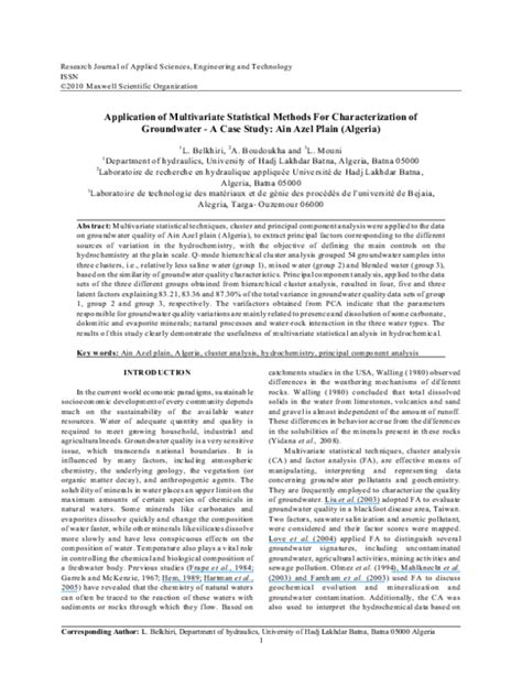 Pdf Application Of Multivariate Statistical Methods For Groundwater Physicochemical And