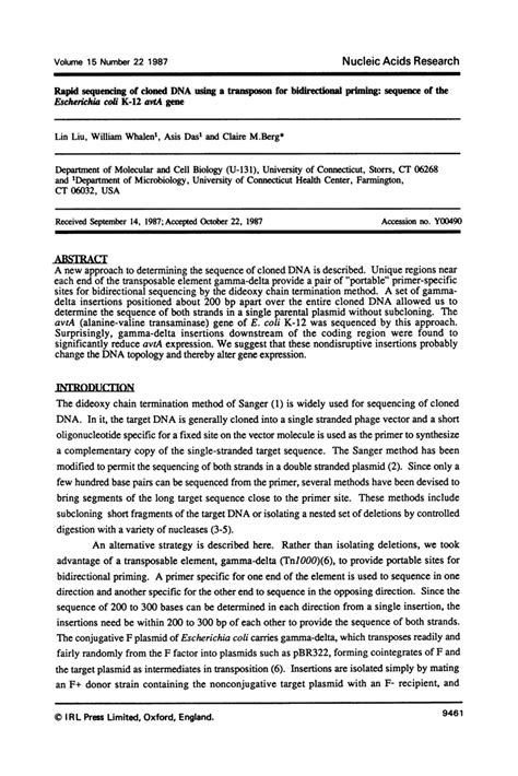 Pdf Rapid Sequencing Of Cloned Dna Using A Transposon For Bidirectional Priming Sequence Of