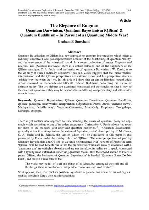 Pdf The Elegance Of Enigma Quantum Darwinism Quantum Bayesianism Qbism And Quantum Buddhism