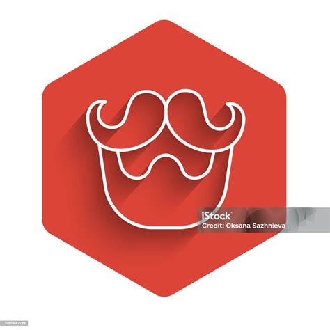흰색 선 콧수염과 턱수염 아이콘은 긴 그림자 배경으로 분리되어 있습니다 이발소 상징 수염 스타일 빨간색 육각형 버튼입니다 벡터 가공의 인물에 대한 스톡 벡터 아트 및 기타