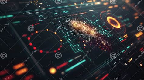 Futuristic Interface Displaying Complex Data Analysis And Innovative Production Processes Stock