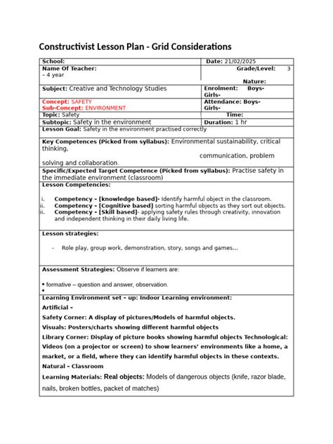 Constructivist Lesson Plan Grid Consideratio Pdf Learning Lesson Plan
