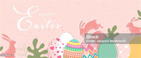 행복한 부활절 배너 템플릿 플랫 에그 토끼는 장식을 남깁니다 0명에 대한 스톡 벡터 아트 및 기타 이미지 0명 계절 공휴일 Istock