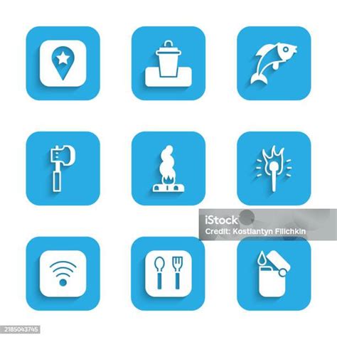 모닥불 포크와 숟가락 라이터 횃불 불꽃 Wifi 무선 인터넷 나무 도끼 물고기 및 캠핑 아이콘을 설정합니다 벡터 그림자에 대한 스톡 벡터 아트 및 기타 이미지 Istock