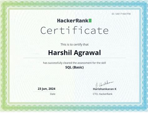 earned basic sql certificate from hackerrank harshil agrawal posted on the topic linkedin