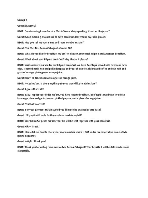 Room Service Script Pdf Waiting Staff Meal