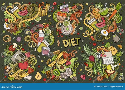 Vector Doodles Cartoon Set Of Diet Food Combinations Of Objects And Elements Stock Vector