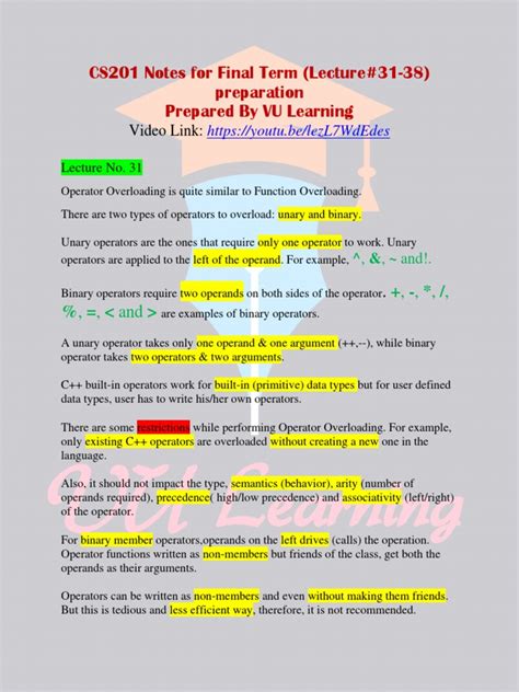 Cs201 Notes By Vu Learning Pdf Programming Constructor Object