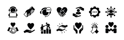 비즈니스 지원 플랫 아이콘 세트입니다 고객 지원 팀워크 협력 협업 도움 보살핌 자선 공감 기부 자원 봉사 연대 파트너십 사랑을 포함합니다 벡터 일러스트 레이 션 고객에 대한