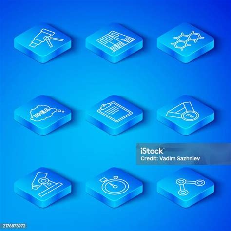 라인 현미경 체크리스트가 있는 클립보드 스톱워치 메달 화학식 아이디어 말풍선 망원경 및 분자 아이콘을 설정합니다 벡터 0명에