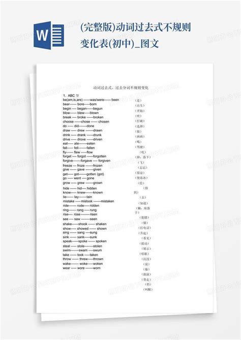 完整版 动词过去式不规则变化表 初中 图文word模板下载 编号qrbepeze 熊猫办公