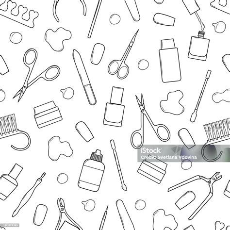 손톱 가위 네일 파일 매니큐어 크림 큐티클 클리퍼벡터 원활한 패턴 흰색 배경에 색칠 공부 매니큐어 화장품에 대한 스톡 벡터 아트 및 기타 이미지 Istock