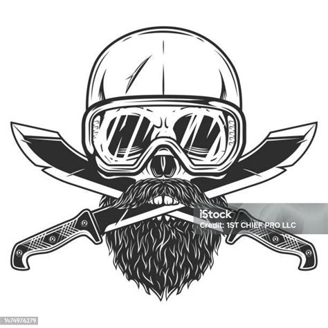 정글에서 사냥꾼의 날카로운 칼 근접 무기로 수염과 콧수염을 가진 건설 보안경의 두개골 흰색 배경에 격리된 흑백 벡터 개념에 대한 스톡 벡터 아트 및 기타 이미지 Istock