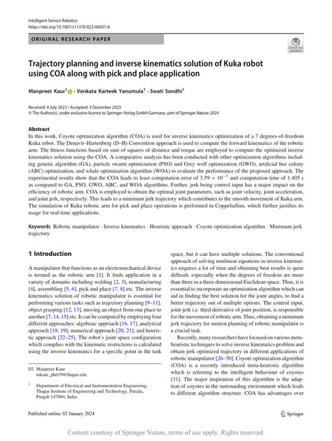 Trajectory Planning And Inverse Kinematics Solution Of Kuka Robot Using Coa Along With Pick And