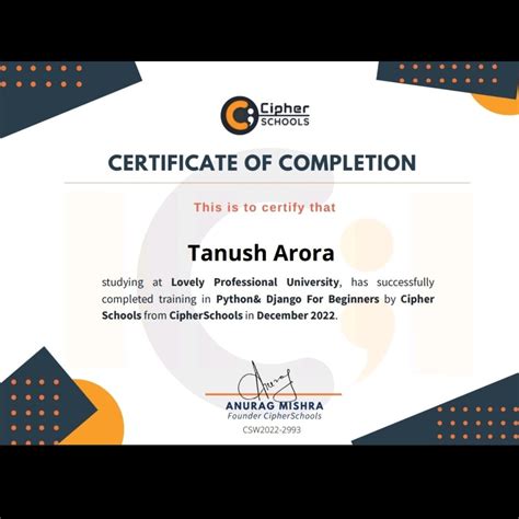Tanush Arora On Linkedin Certificate Of Completion Of Python From Cipher Schools Cipherschools