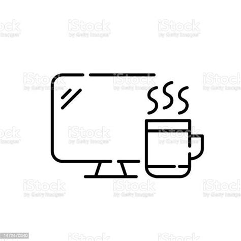 데스크탑 Pc 모니터와 스팀이 있는 커피 머그잔 직장에서 커피 브레이크 픽셀 완벽 편집 가능한 획 아이콘 가정의 방에 대한 스톡