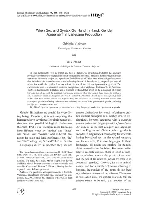 Pdf When Sex And Syntax Go Hand In Hand Gender Agreement In Language