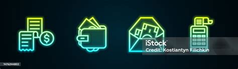 라인 종이 또는 금융 수표 돈이 든 지갑 봉투 달러 기호 및 금전 등록기를 설정합니다 빛나는 네온 아이콘입니다 벡터 가격에 대한 스톡 벡터 아트 및 기타 이미지 Istock