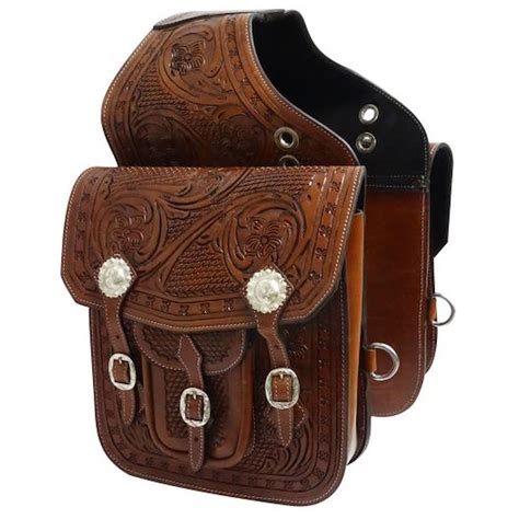 Tooled Leather Saddle Bags With Engraved Silver Conchos And Buckles Sb