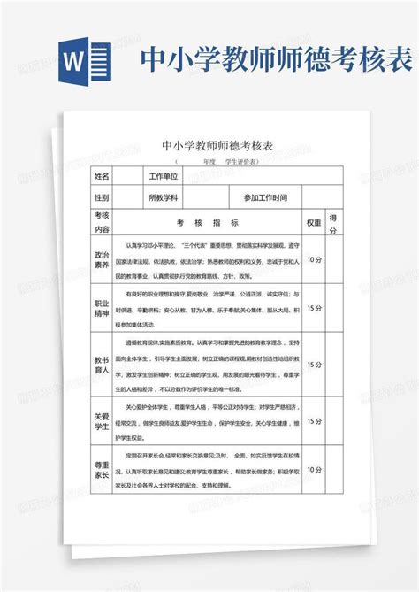 中小学教师师德考核表Word模板下载 编号ldowonvg 熊猫办公