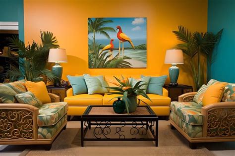 Premium Ai Image Tropical Theme Interior Design With Vibrant Colour