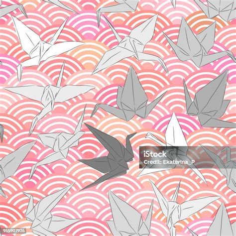 종이 접기 흰색 회색 종이 크레인 세트 스케치 완벽 한 패턴 선 일본 파 원 패턴 핑크 색상으로 자연 동양 배경 벡터