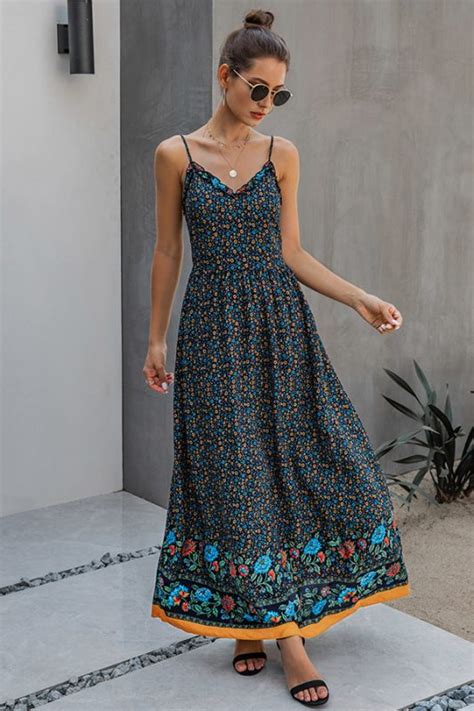Spaghetti Strap Maxi Dress With V Neck And Printed Design