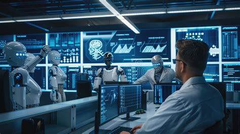 Scientists Collaborating With Advanced Humanoid Robots In A High Tech Research Lab Aig62 Stock