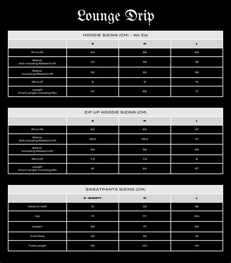 Lounge Drip Size Guide Chart Cxix North America Cxix Usa