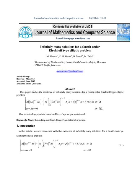 Pdf Infinitely Many Solutions For A Fourth Order Kirchhoff Type Elliptic Problem