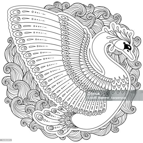 손으로 그린 장식 백조 성인 색칠 공부 책 페이지에 대 한 이미지 검은색에 대한 스톡 벡터 아트 및 기타 이미지 검은색 그림 그리기 꽃 식물 Istock