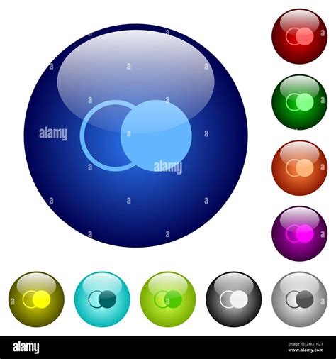 Overlapping Elements Icons On Round Glass Buttons In Multiple Colors