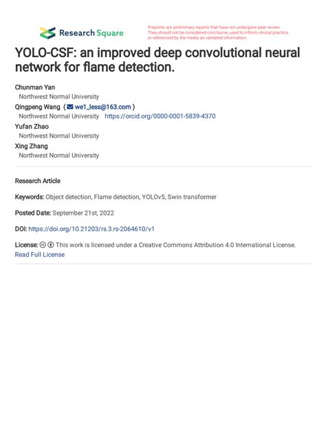 Pdf Yolo Csf An Improved Deep Convolutional Neural Network For Flame Detection