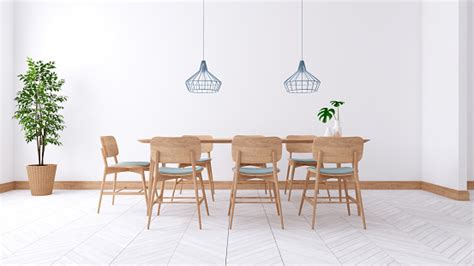 미니 멀 다 이닝 룸 인테리어 디자인 나무 테이블과 화이트 룸 3d 렌더링에 나무의 자 0명에 대한 스톡 사진 및 기타 이미지 0명 가구 개념 Istock