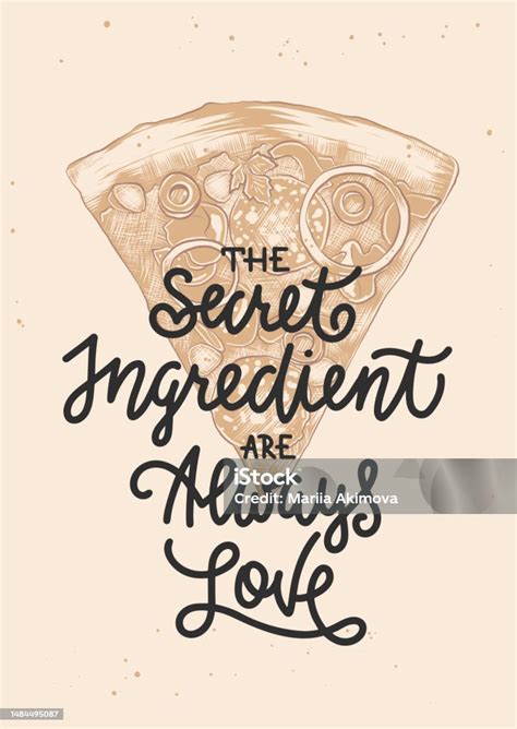 벡터 요리 패스트 푸드 영감 및 광고 슬로건 포스터 비결 재료는 언제나 사랑 피자가 새겨진 스케치가 있는 모던한 잉크 붓 서예입니다 손으로 쓴 모노라인 레터링 건강에 좋지